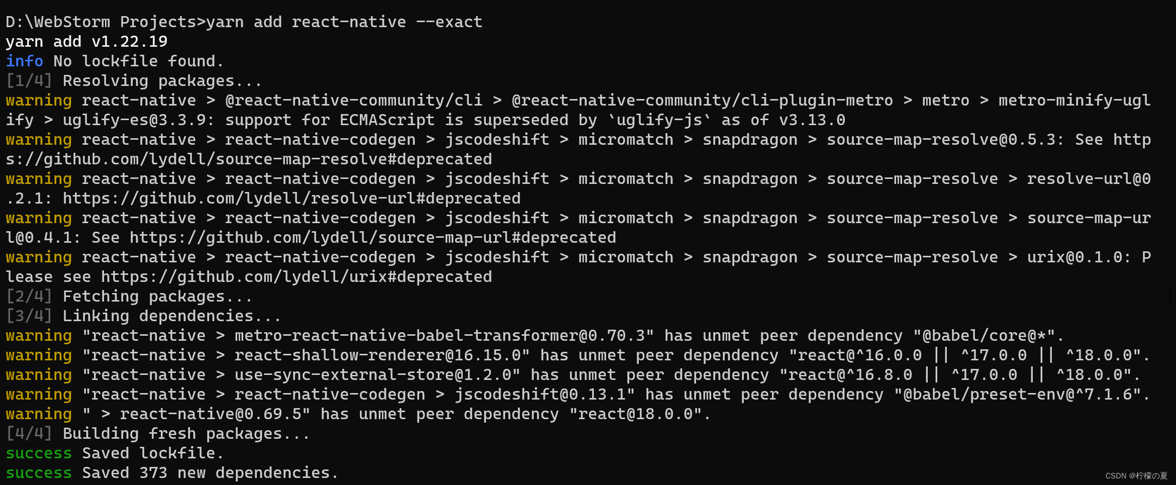 React-native 初始化项目时报错 Command `yarn add react-native --exact` failed_command `yarn add react ...