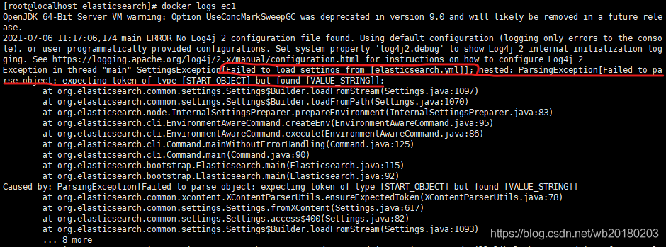Caused by: ParsingException[Failed to parse object: expecting token of type [START_OBJECT] but ...