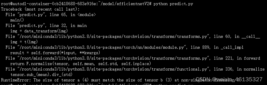 RuntimeError: The size of tensor a (4) must match the size of tensor b (3) at non-singleton ...