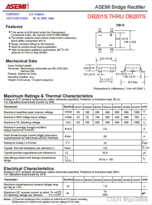ASEMI整流桥DB207S参数，DB207S概述，DB207S中文资料_db207s整流桥参数-CSDN博客