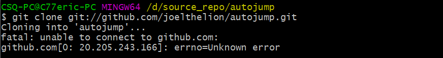 fatal: unable to connect to github.com:github.com[0:20.205.243.166]: errno=Unknown error_unable ...