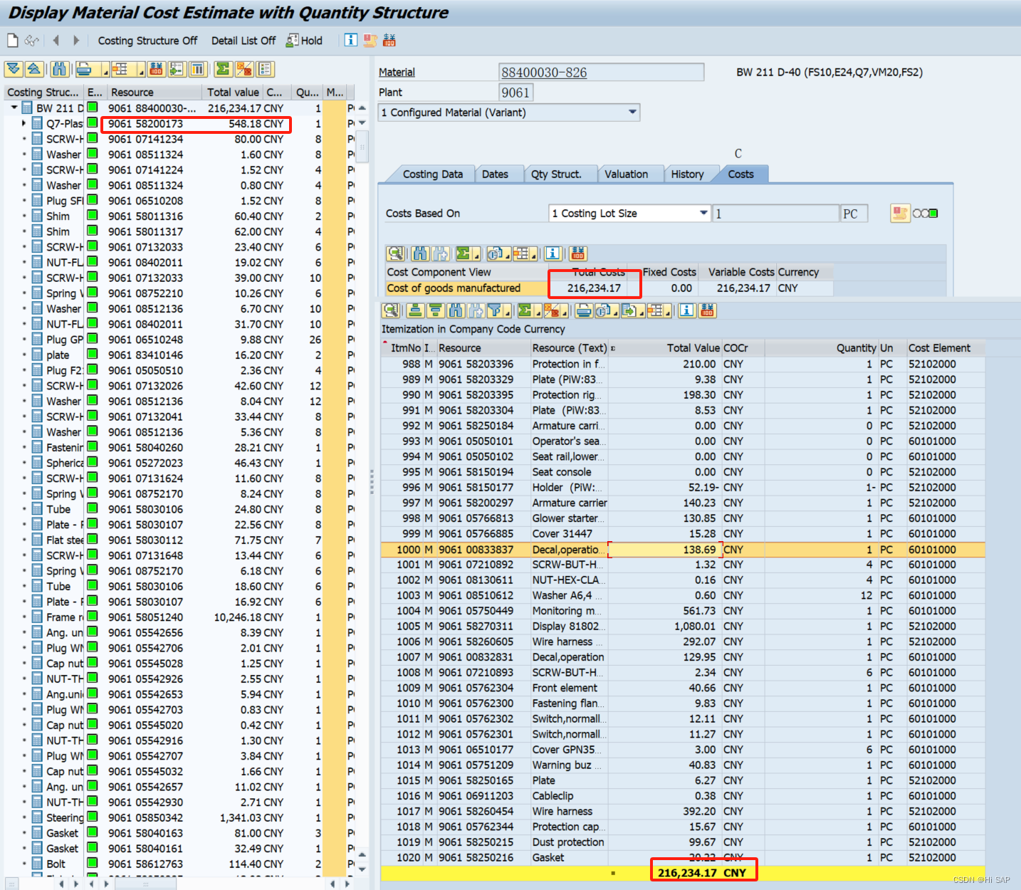 SAP CK13N Message CK869: itemization does not match cost component ...