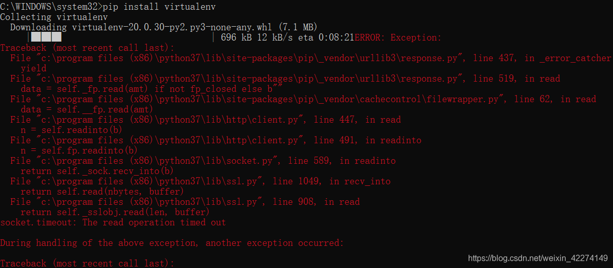 Win 10 安装virtualenvwrapper报错，ERROR: Exception: Traceback (most recent call last):..._安装 ...