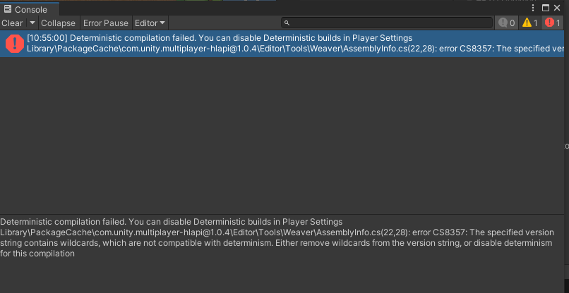 Unity报错：multiplayer-hlap 包有问题，无法升级的解决方案_deterministic compilation failed. you can disable -CSDN博客