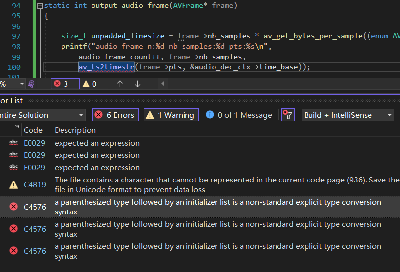 FFmpeg错误a parenthesized type followed by an initializer list is a non-standard explicit type ...