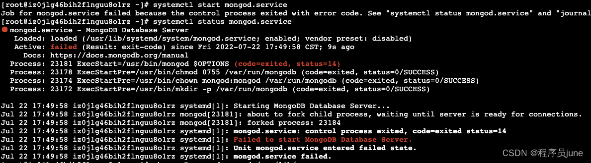 MongoDB启动报错 Process: 29784 ExecStart=/usr/bin/mongod $OPTIONS (code=exited, status=14)_process ...