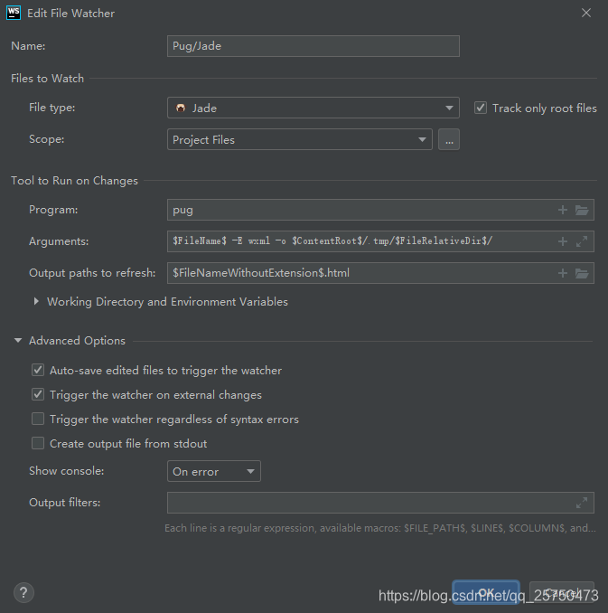 关于webstorm使用file watchers编译pug,scss,es6,json5后缀文件的配置命令_webstorm watcher scss-CSDN博客