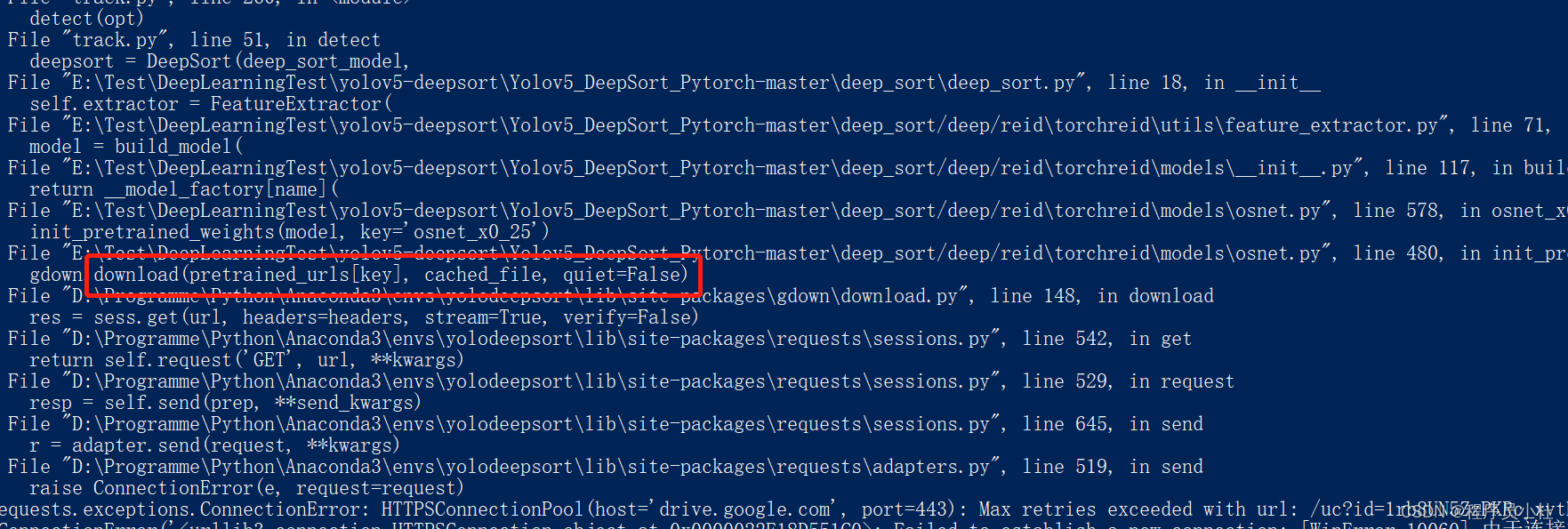 yolov5_deepsort报错 requests.exceptions.ConnectionError: HTTPSConnectionPool(host=‘drive.google ...