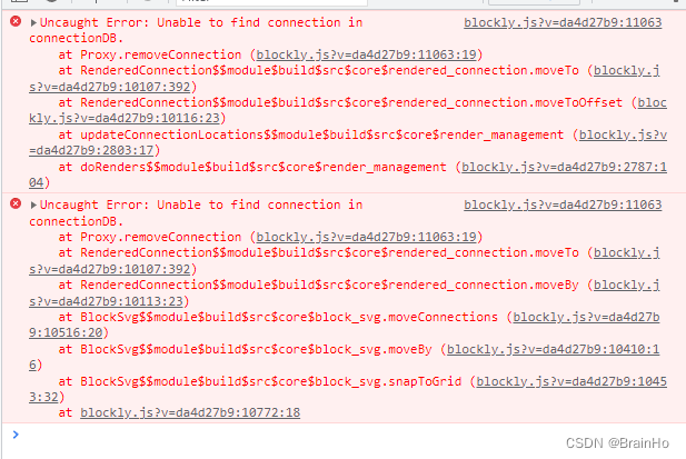 vue中使用blockly，拖动后报错【connection_db.ts:130 Uncaught Error: Unable to find connection in ...