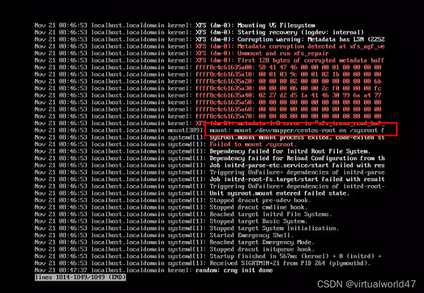 centeros服务器启动失败进入紧急模式解决方式“/run/initramfs/rdsosreport.txt“Entering emergency mode. Type ...