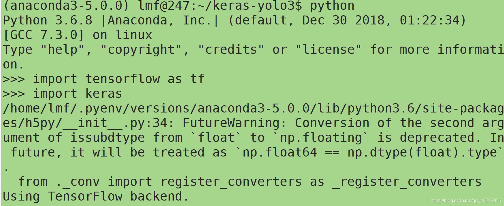 成功解决anaconda3-5.0.0/lib/python3.6/site-packages/h5py/__init__.py:34: FutureWarning: Conversion ...