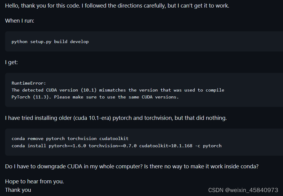 The detected CUDA version (10.1) mismatches the version that was used to compile PyTorch (11.3 ...