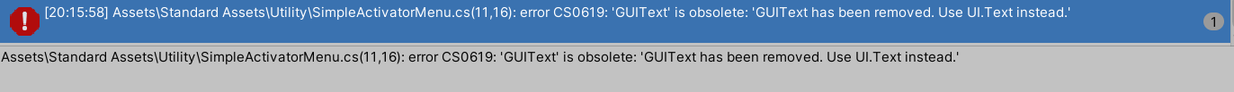 [Unity 3D] error CS0619: ‘GUIText‘ is obsolete: ‘GUIText has been removed. Use UI.Text instead ...