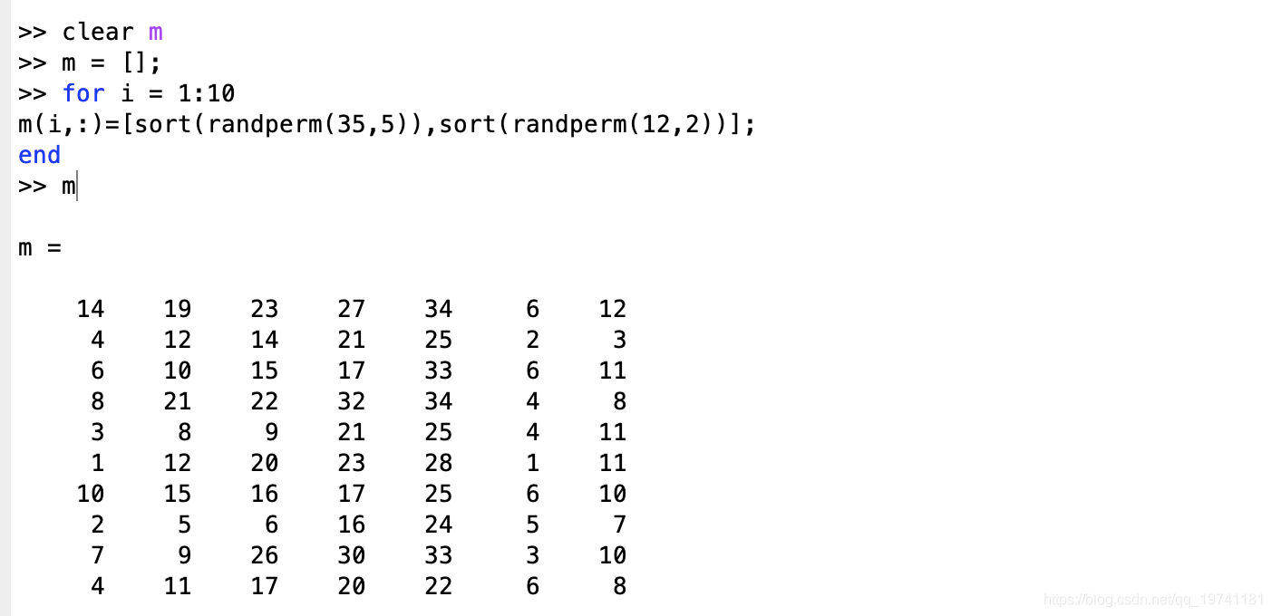 【MATLAB】如何使用MATLAB产生乐透彩票号码数组？_clear a a = []; for i = 1:10 a(i,:)=[sort(randperm-CSDN博客