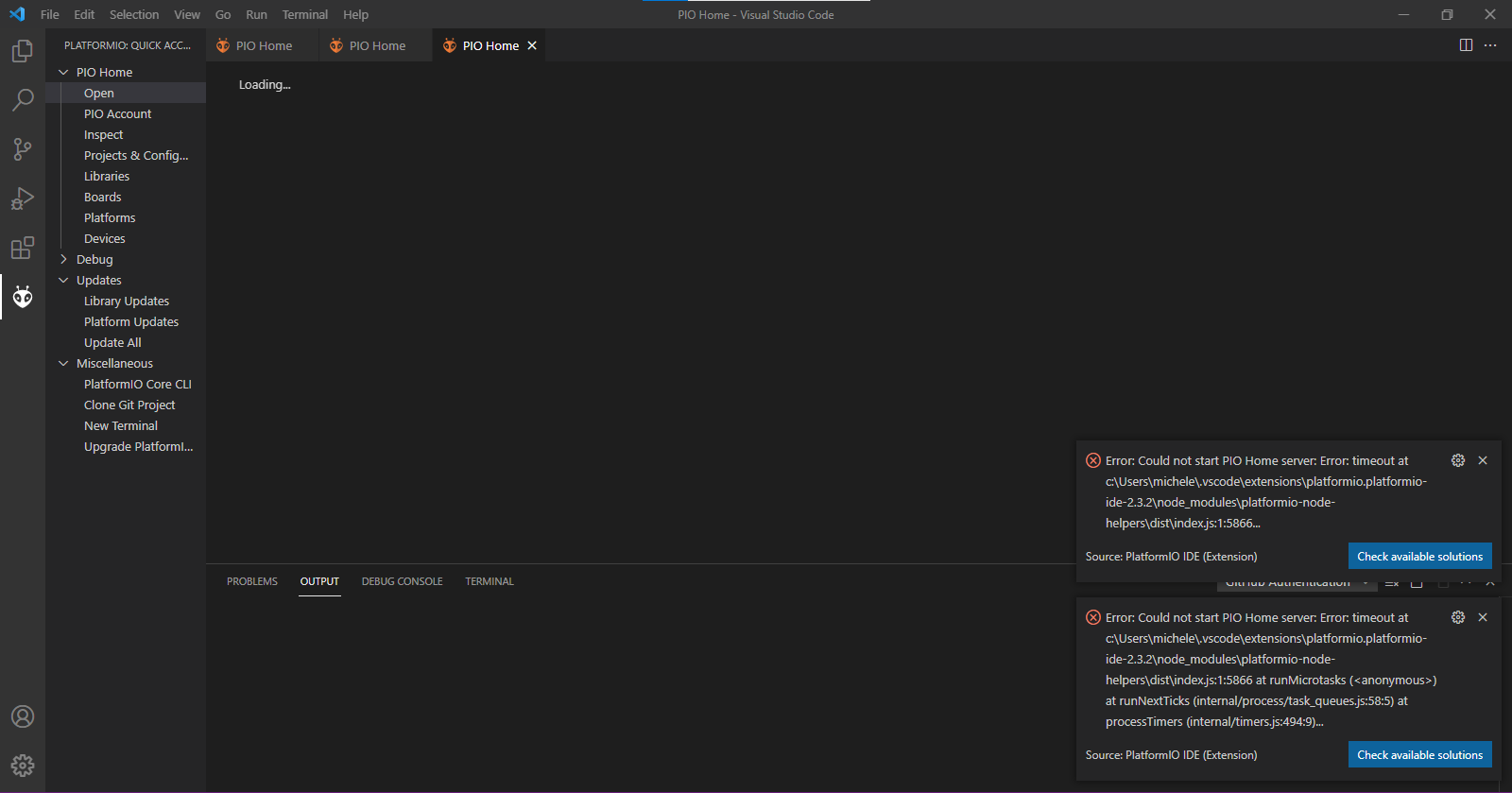 VSCode: PlatformIO主页一直显示loading解决方案_could not start plo home server: timeout error at -CSDN博客