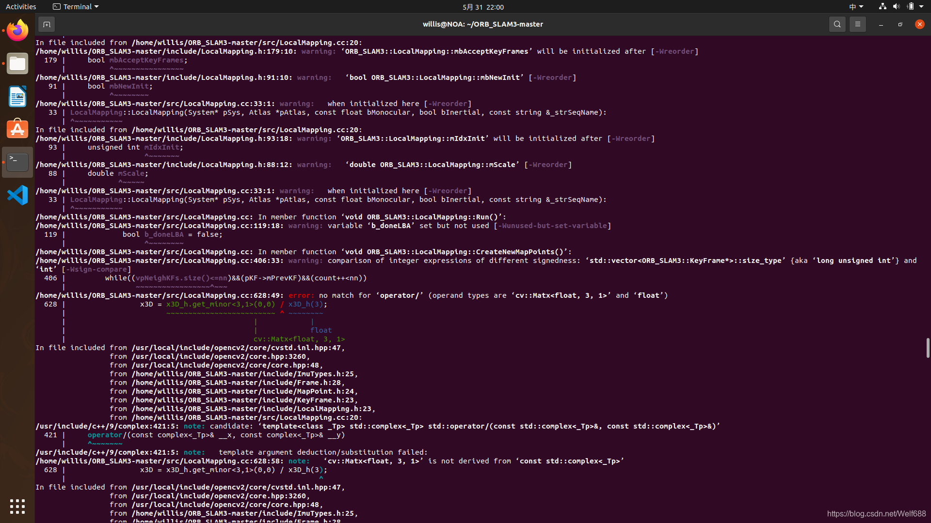 安装orbslam3时报错：error: no match for ‘operator/’_no match for 'operator=' (operand types are 'strin ...