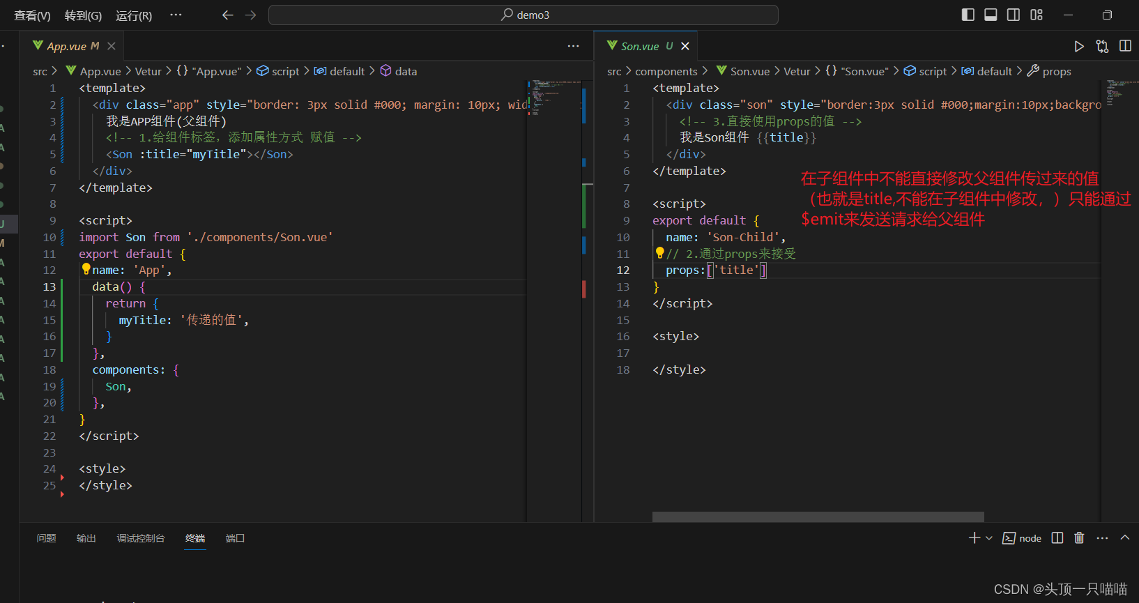 Vue基础知识：什么是组件通信？组件通信解决方案（父子关系）如何实现父子传值（props和emit），父传子演示（props）子传父演示（emit）vue中父子组件如何通信的 Csdn博客