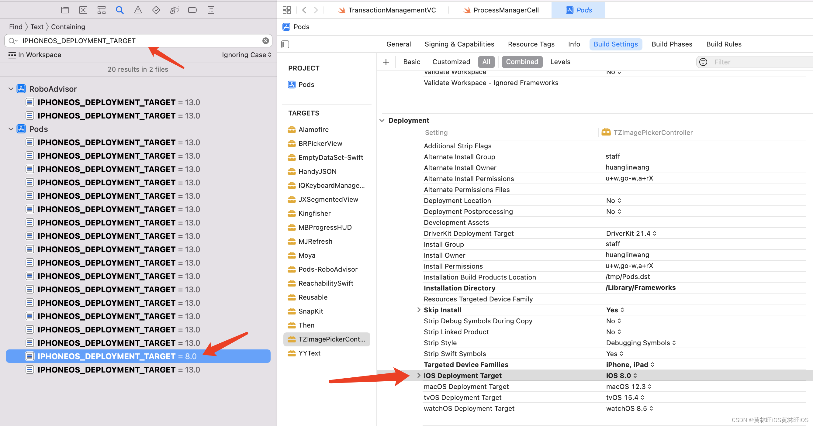 The iOS Simulator deployment target ‘IPHONEOS_DEPLOYMENT_TARGET‘ is set to 8.0, but the range of ...