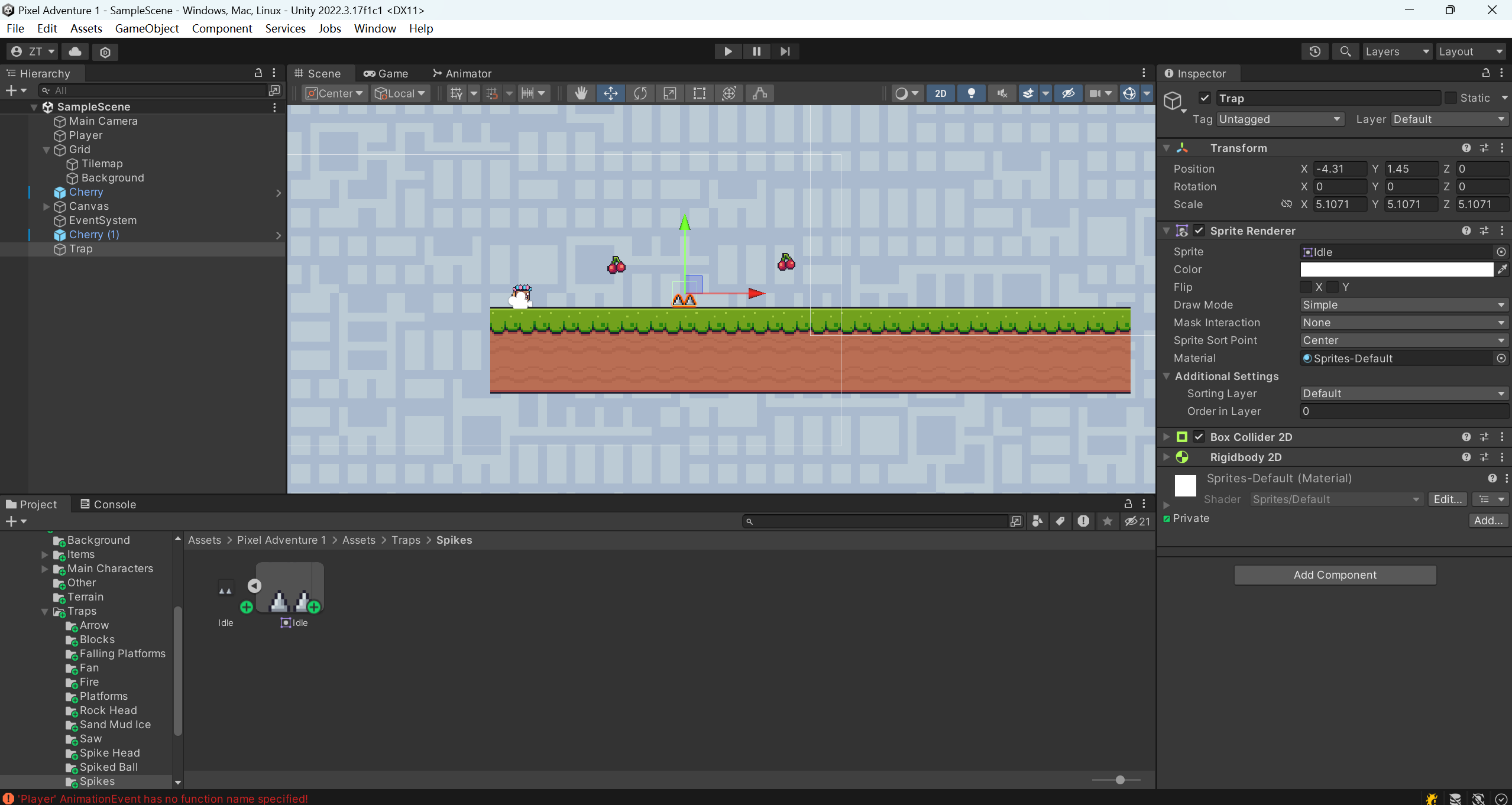 Unity入门实战（Pixel Adventure 1）- 6_unity中的死亡陷阱设置-CSDN博客