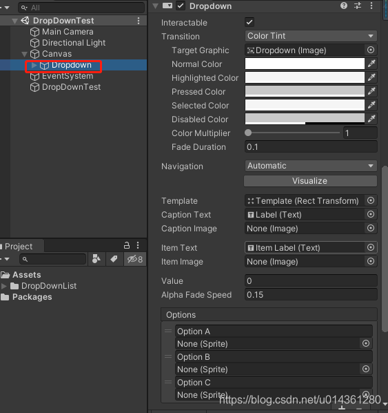 Unity UGUI 基础 之 DropDown（下拉列表框） 的简单使用（简单改变样式/动态下来列表的数据添加删除/列表事件监听等）_unity dropdown-CSDN博客