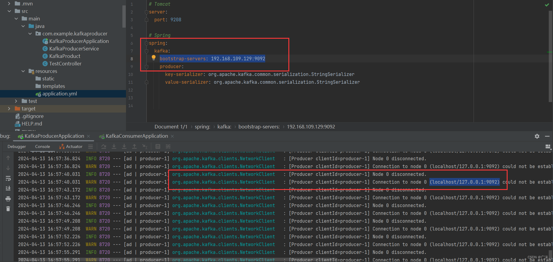 Kafka连接服务器出现:Connection to node 1 (localhost/127.0.0.1:9092) could not be established._kafka ...