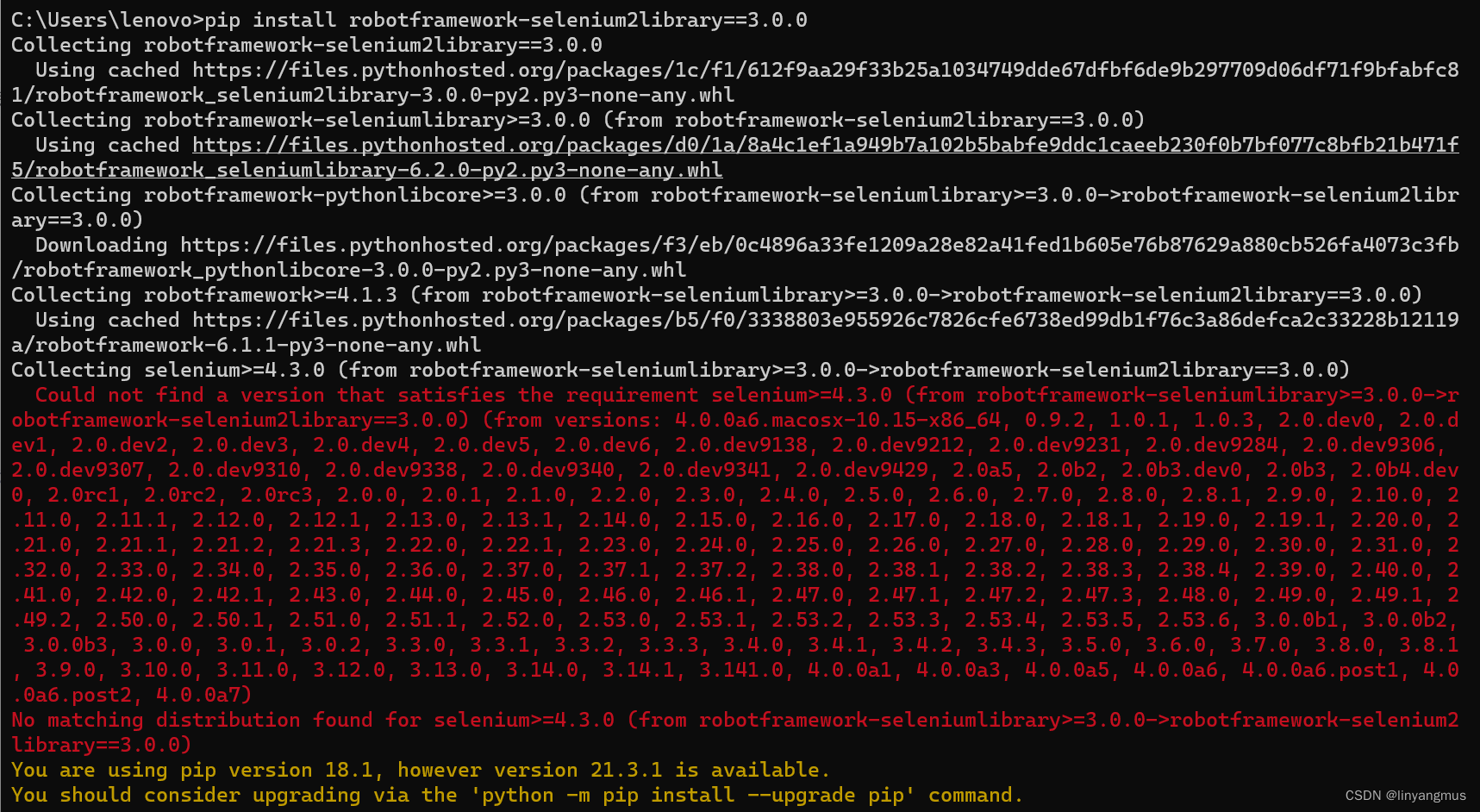 Could not find a version that satisfies the requirement selenium＞=4.3.0-CSDN博客