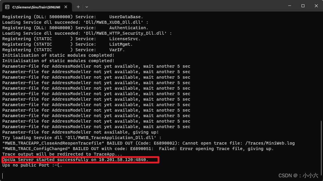 Siemens SinuTrain 仿真软件开启OPC UA服务报错：“Ups - OpcUa Server could not open Port 10.201.58.120:4840 ...
