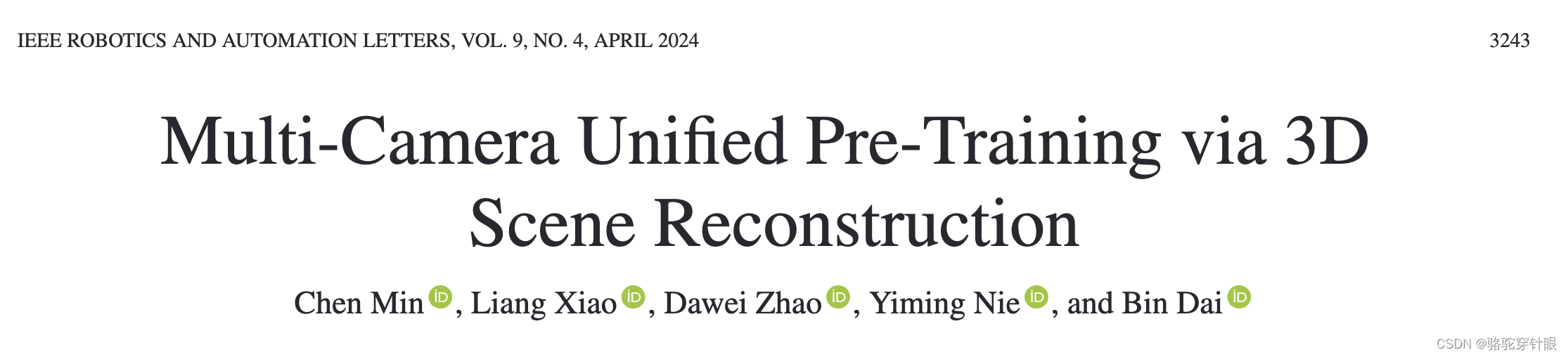 【论文阅读】Multi-Camera Unified Pre-Training via 3D Scene Reconstruction_multi-camera multi-object ...