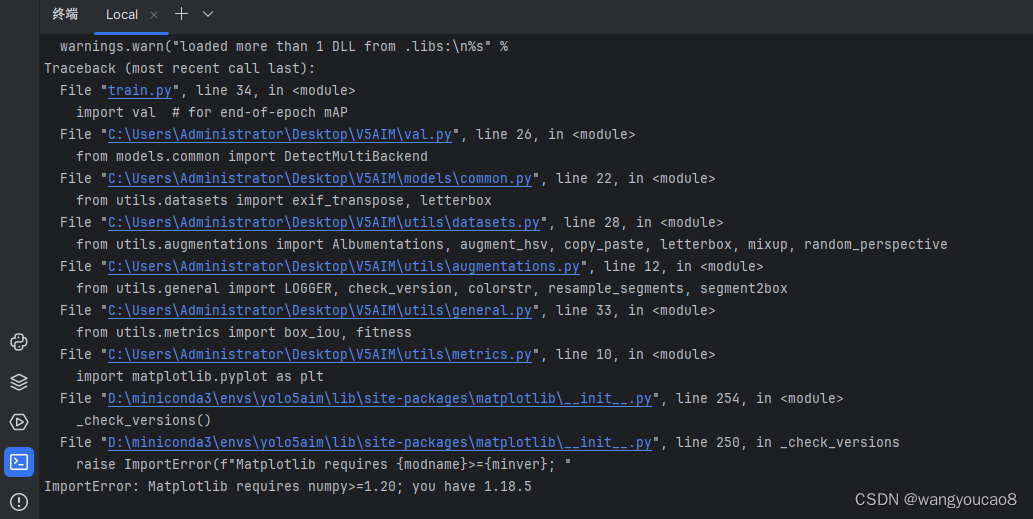 ImportError: Matplotlib requires numpy＞=1.20； you have 1.18.5 ...