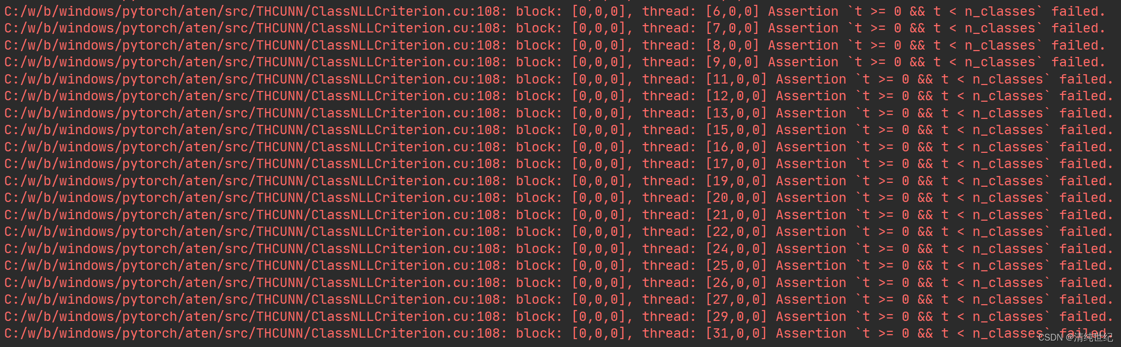 pytorch/aten/src/THCUNN/ClassNLLCriterion.cu:108: block: [0,0,0], thread: [11,0,0] Assertion `t ...