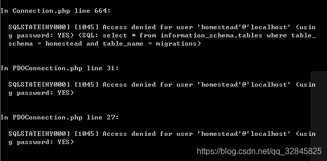 Laravel 解决【1045】Access denied for user ‘homestead‘@‘localhost‘ (usin g password: YES)_laravel项目 ...