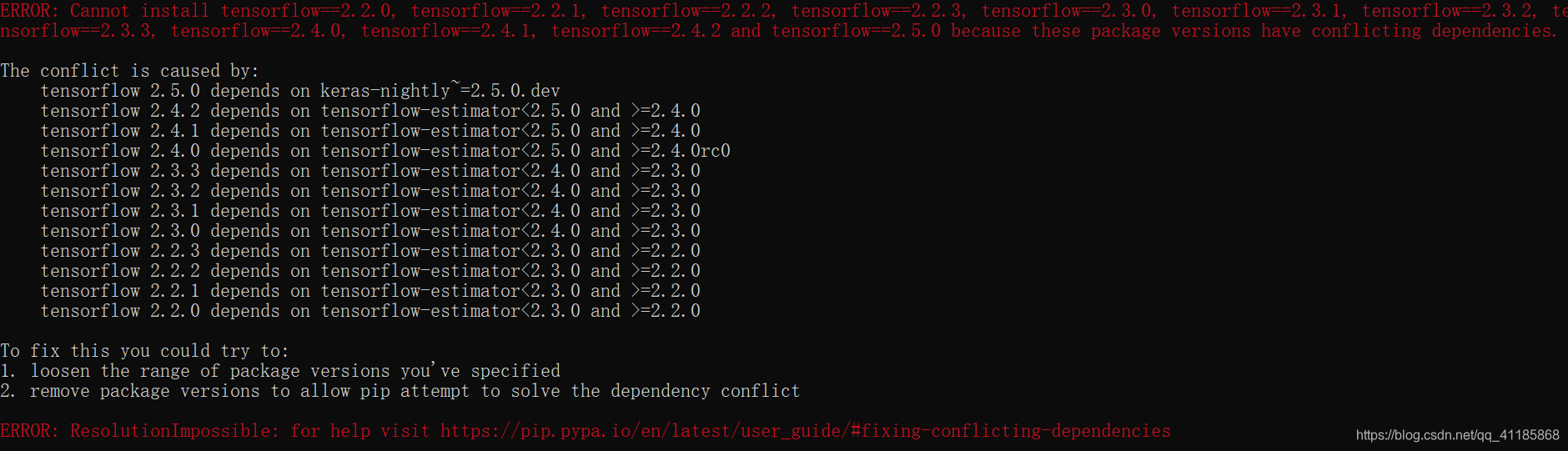 成功解决To fix this you could try to: 1. loosen the range of package versions you‘ve specified -CSDN博客