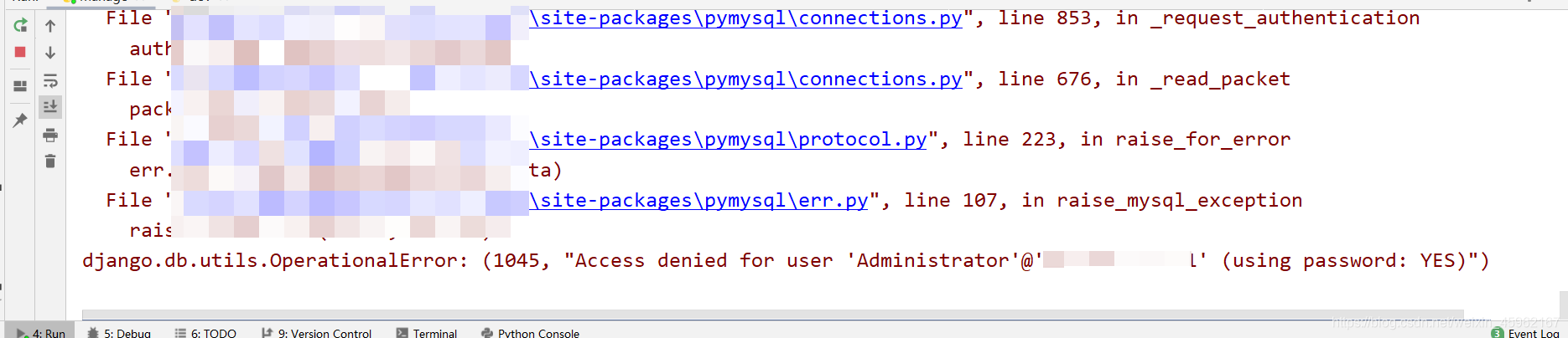 解决django.db.utils.OperationalError: (1045, “Access denied for user ‘Administrator‘@‘localhost ...