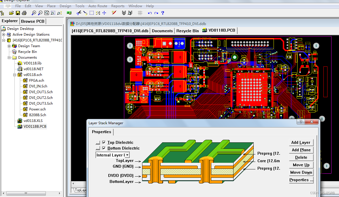 基于CYCLONE EP1C6 FPGA +RTL8208B+TFP410设计的DVI分配器 protel99SE 硬件(原理图+PCB)DDB工程文件_tfp410 dvi verilog ...