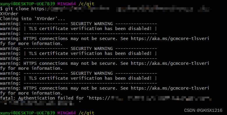 git clone克隆代码报错:fatal: Authentication failed for ‘https://gitee.com/.......‘_git clone fatal ...