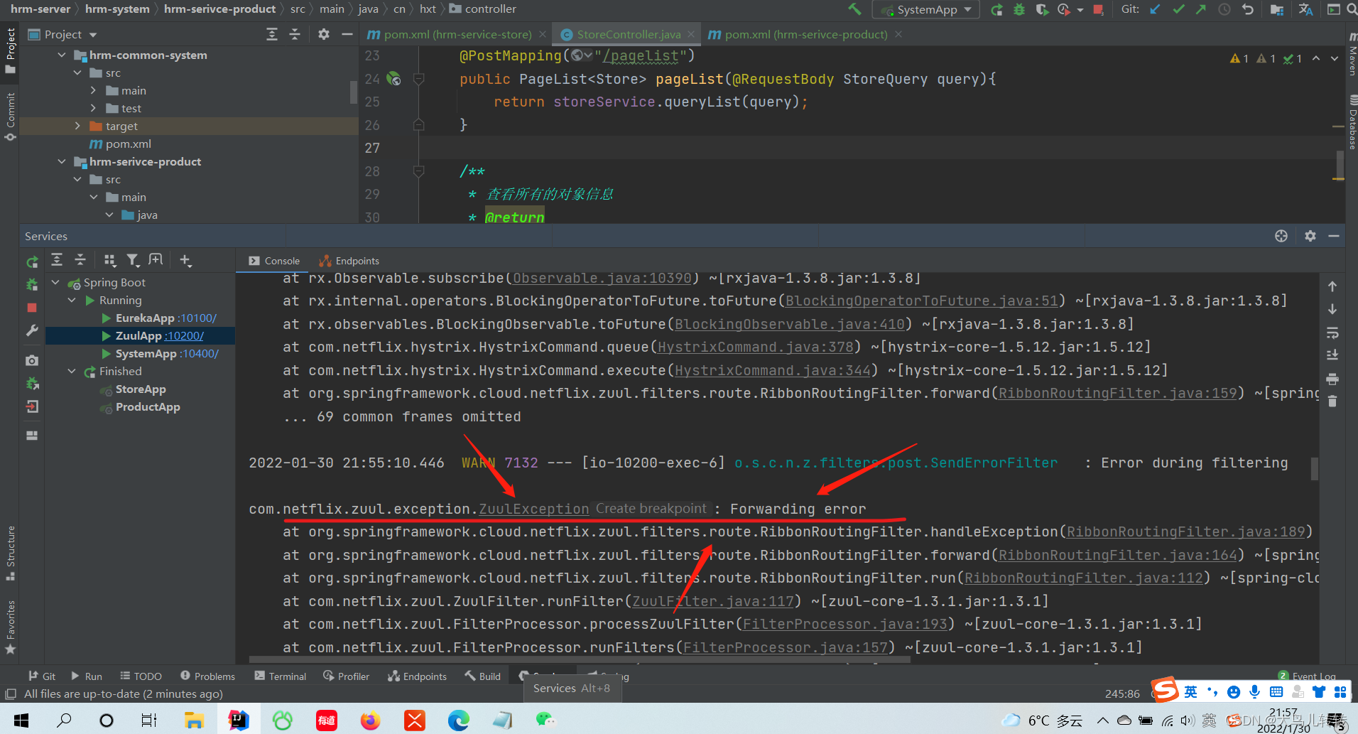 报错：com.netflix.zuul. exception.ZuuLException Create breakpoint: Forwardinq error_create ...
