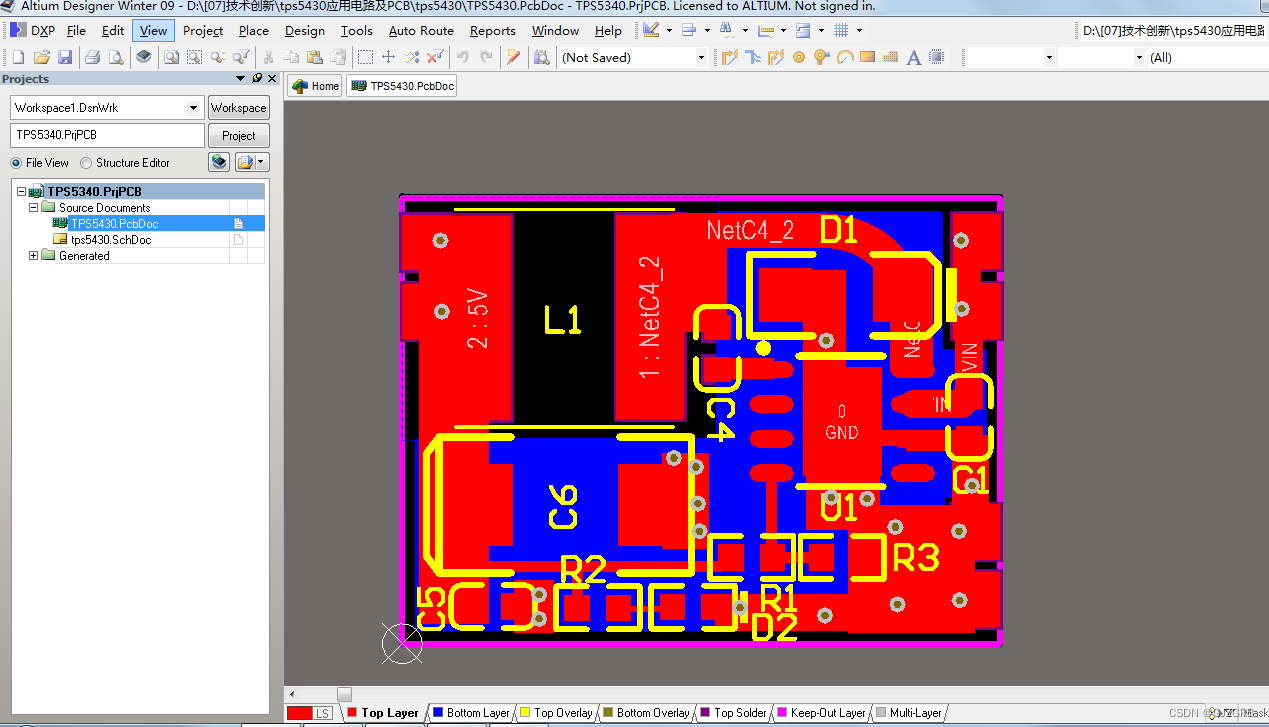 基于TPS5430芯片设计DC-DC 5V电源模块评估板硬件（原理图+PCB）工程文件，AD09设计的工程文件_tps5430 5v dc-dc电源模块ad设计硬件原理图+pcb+封装库文件 ...
