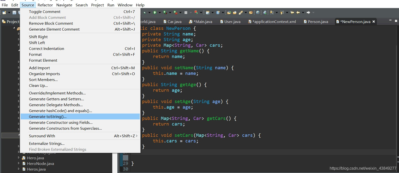 Eclipse中快速为类提供构造器、get()、set()方法、重写toString()、hasCode()、equals()等_eclipes构造器在哪里-CSDN博客