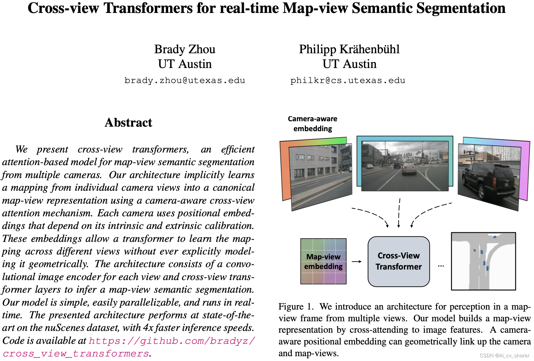 CVPR2022 |BEV感知(自动驾驶感知新范式)| Cross-view Transformers for real-time Map-view Semantic Segmentation ...