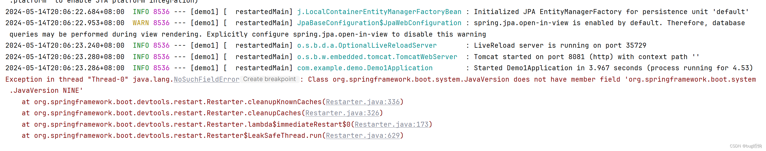 Exception in thread “Thread-0“ java.lang.NoSuchFieldError: Class org.springframework.boot.system ...