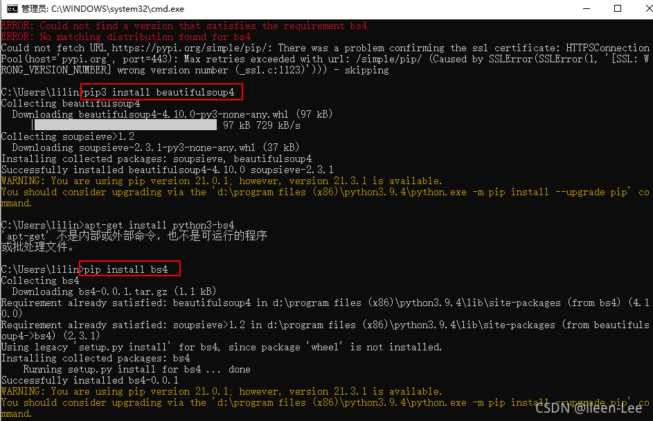 【Python】ModuleNotFoundError: No module named ‘bs4‘；ERROR: Could not ...