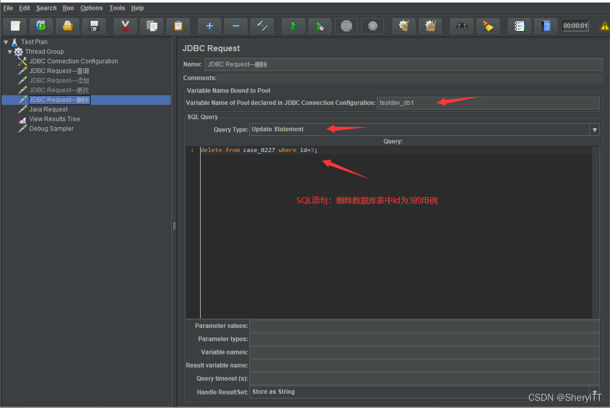 JMeter练习（一）：通过JDBC Request等组件，实现对MySQL数据库表中的数据进行增，删，改，查_jemter 同一个jdbc请求 同步操作删除与插入-CSDN博客