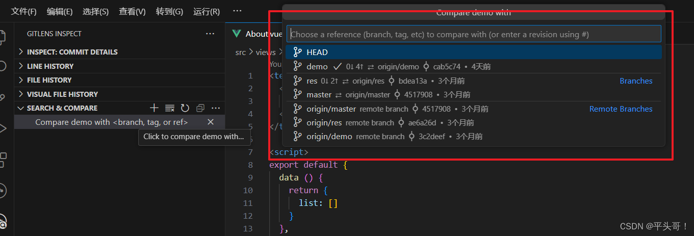 如何使用vscode 插件 对比同一个前端项目，不同分支代码是否相同（或者有什么区别）。vscode代码对比插件 Csdn博客