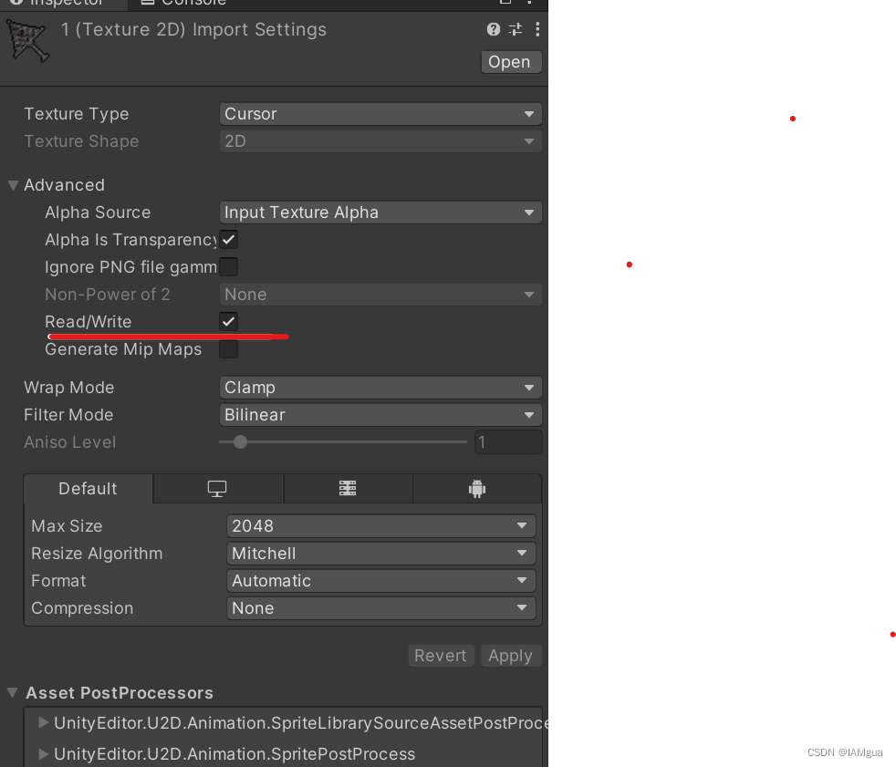 鼠标问题解决Failed to set the cursor because the specified texture (‘1‘) was not CPU accessible._unity ...