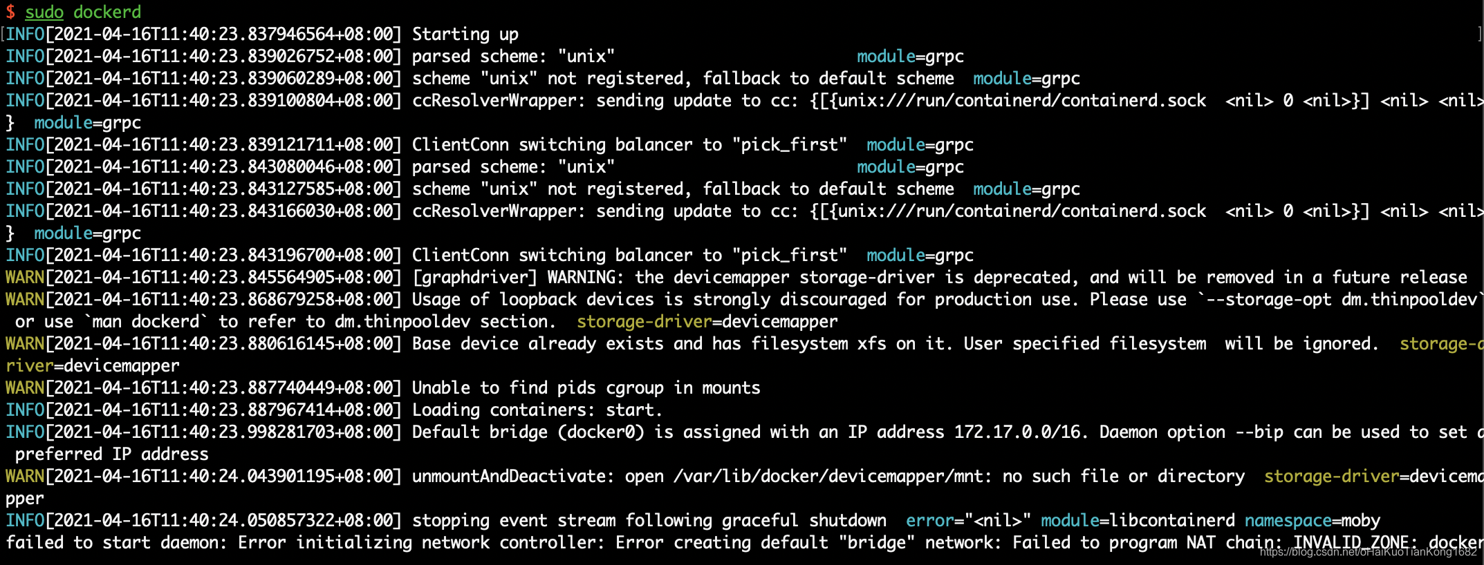failed to start daemon: Error initializing network controller: Error creating default “bridge ...