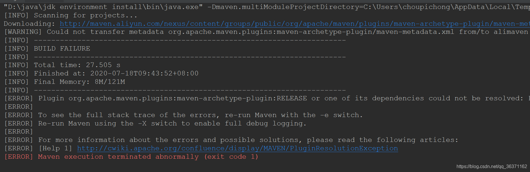 解决Could not transfer metadata org.apache.maven.plugins:maven-archetype-plugin/maven-metadata.xml ...
