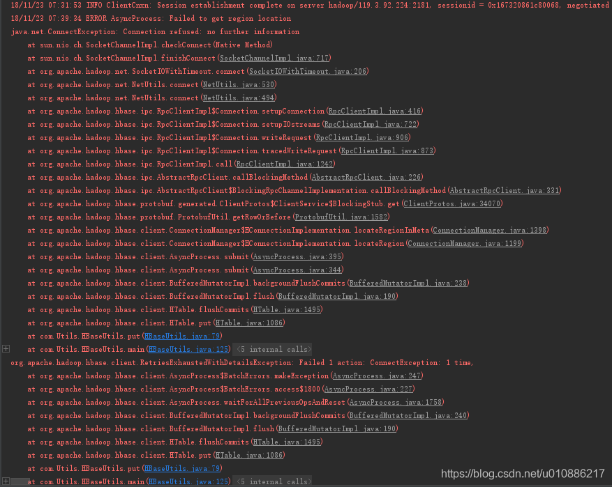 HBase：java api连接hbase报错 ERROR AsyncProcess: Failed to get region location-CSDN博客
