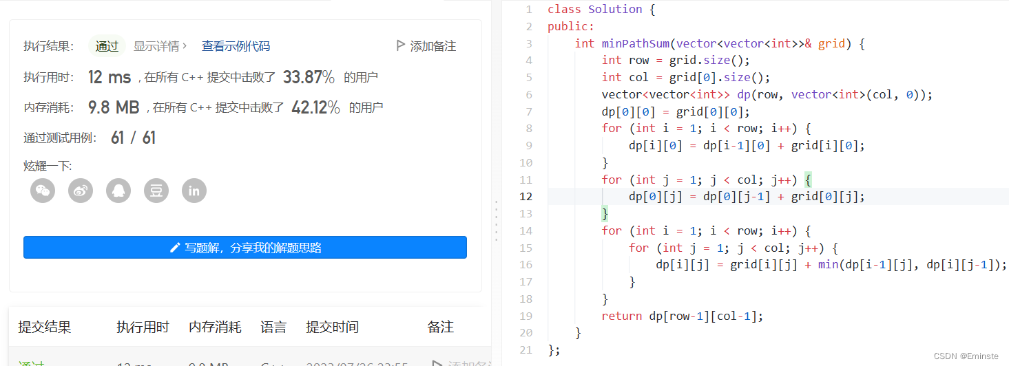 Leetcode64minimum Path Sum＜最小路径和＞ Csdn博客