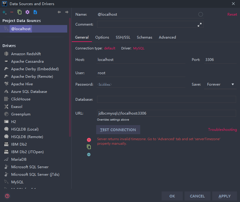 使用idea直接连接数据库报错：server Returns Invalid Timezone Go To Advanced Tab