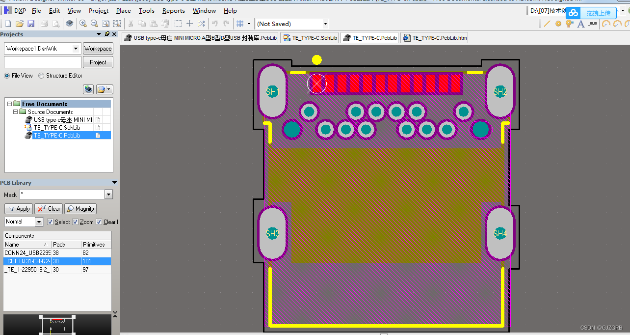 MINI MICRO A型B型D型USB type-c母座 USB 封装库Altium库 AD元件库（ PCB封装库）_micro usb母座 ...